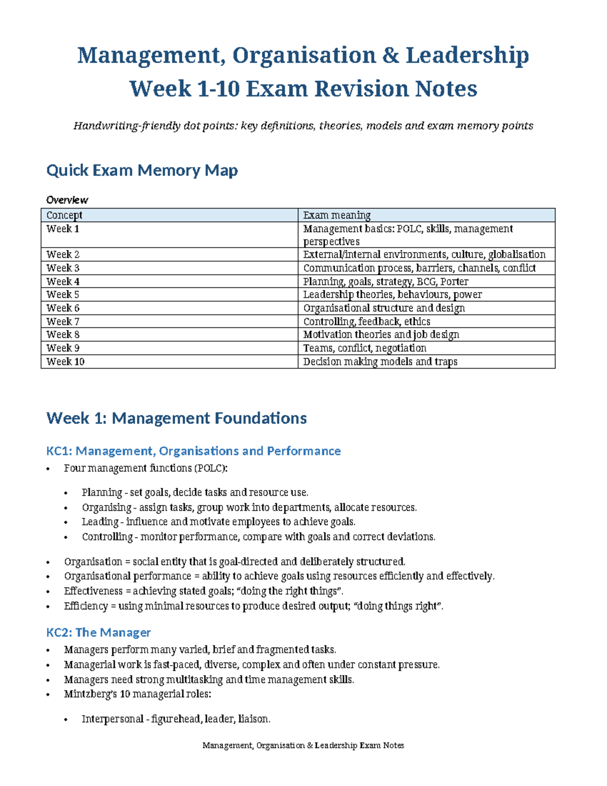 Management, Organisation Leadership (MOL101) Week 1-10 Exam Revision ...