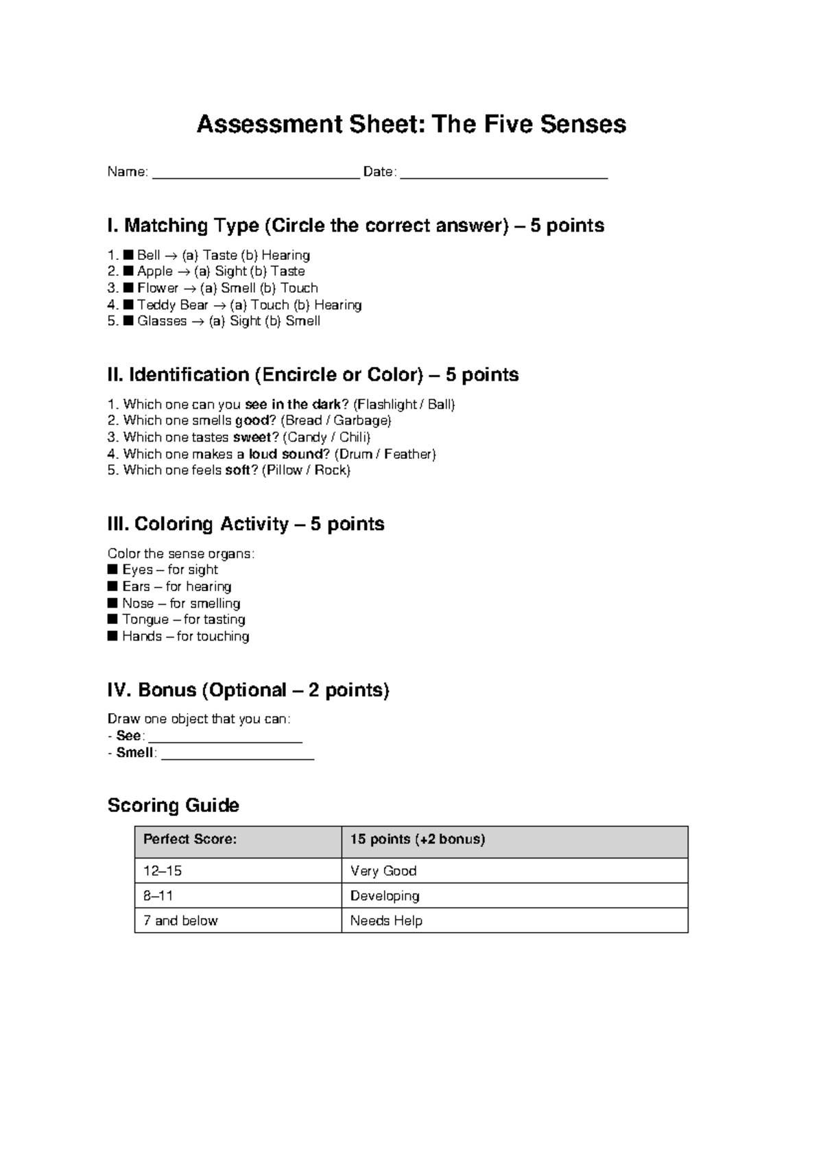 Five Senses Assessment Sheet: Matching & Identification Activities ...