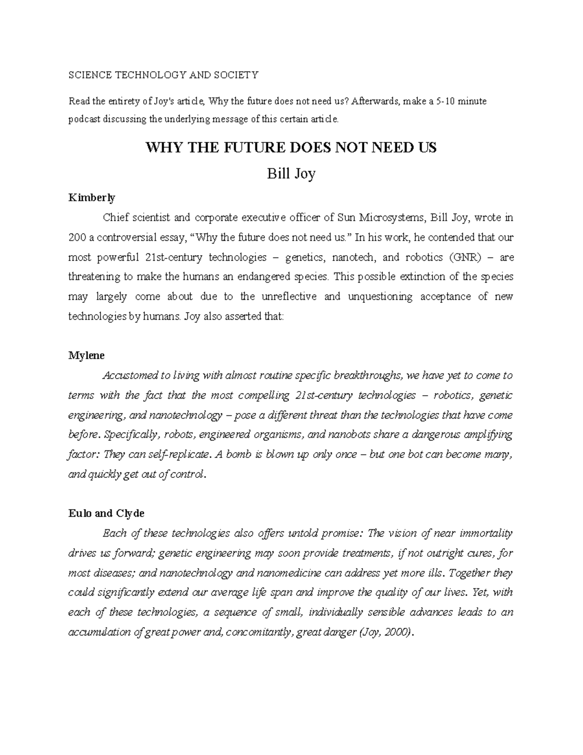 SCI 101: Podcast Discussion on Bill Joy's "Why the Future Does Not Need ...
