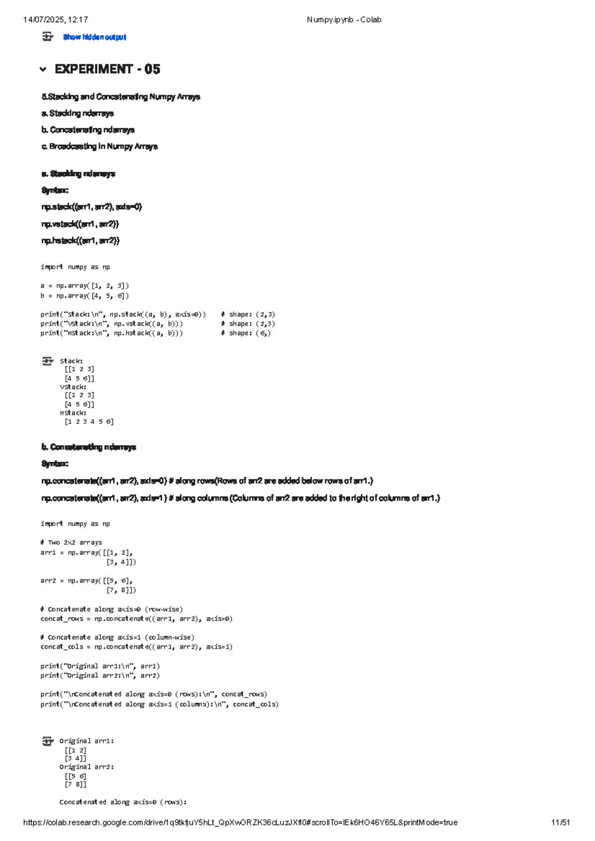 Experiment 05: Stacking & Concatenating Numpy Arrays (DS-1) - Studocu