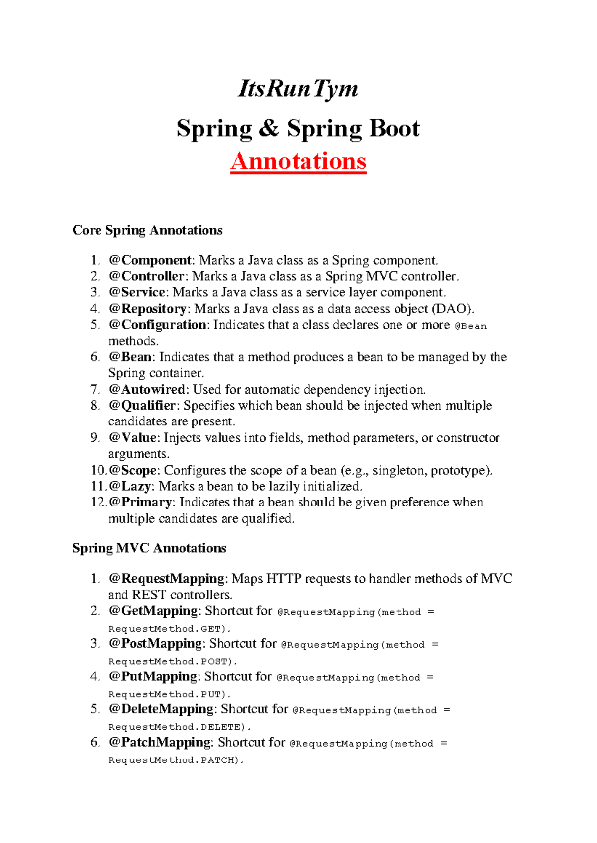 Spring & Spring Boot Annotations Cheat Sheet (ItsRunTym) - Studocu