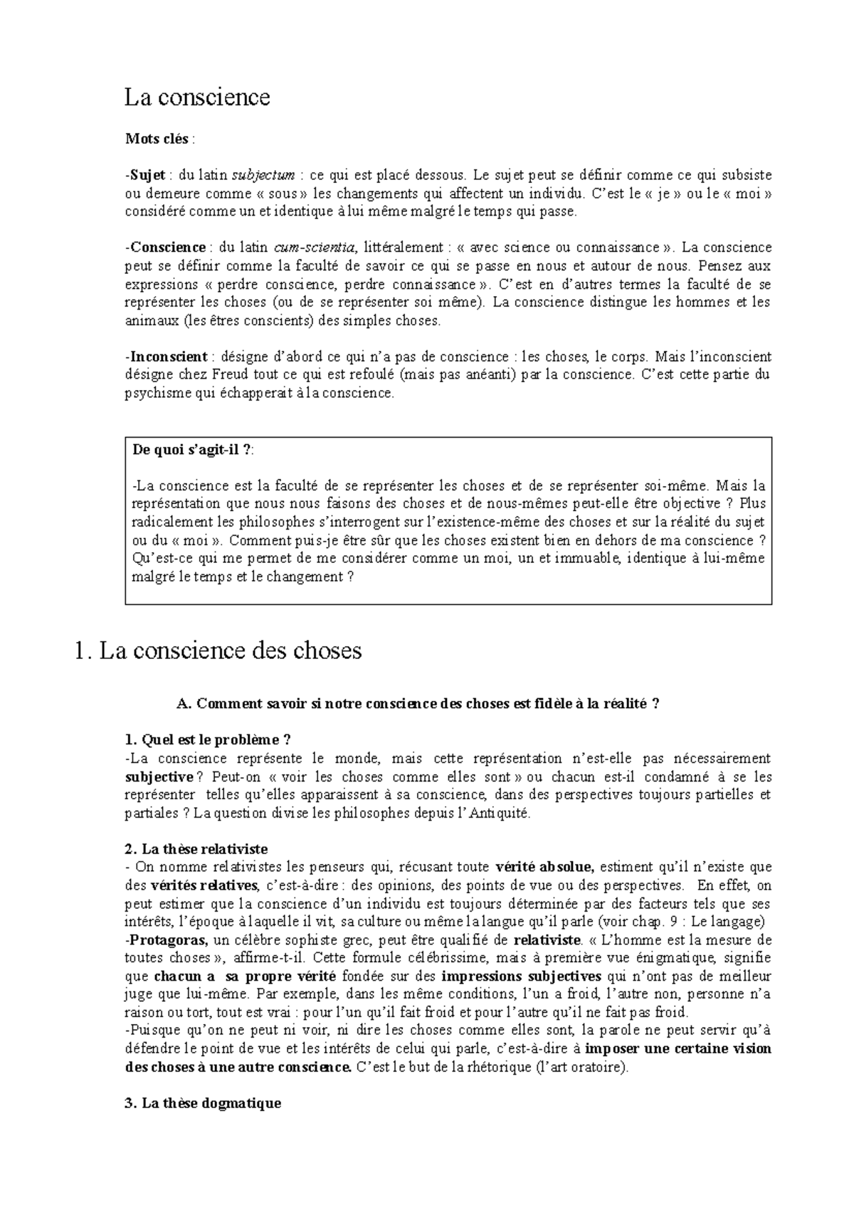 La conscience - Cours de philosophie pour le bac sous forme de résumé ...