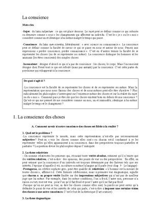 Fiche Philo Conscient Inconscient Bac - Conscience et inconscient La conscience 1- La conscience ...