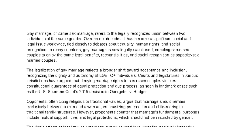 Same Sex Marriage: Legalization and Social Impact Analysis - Studocu