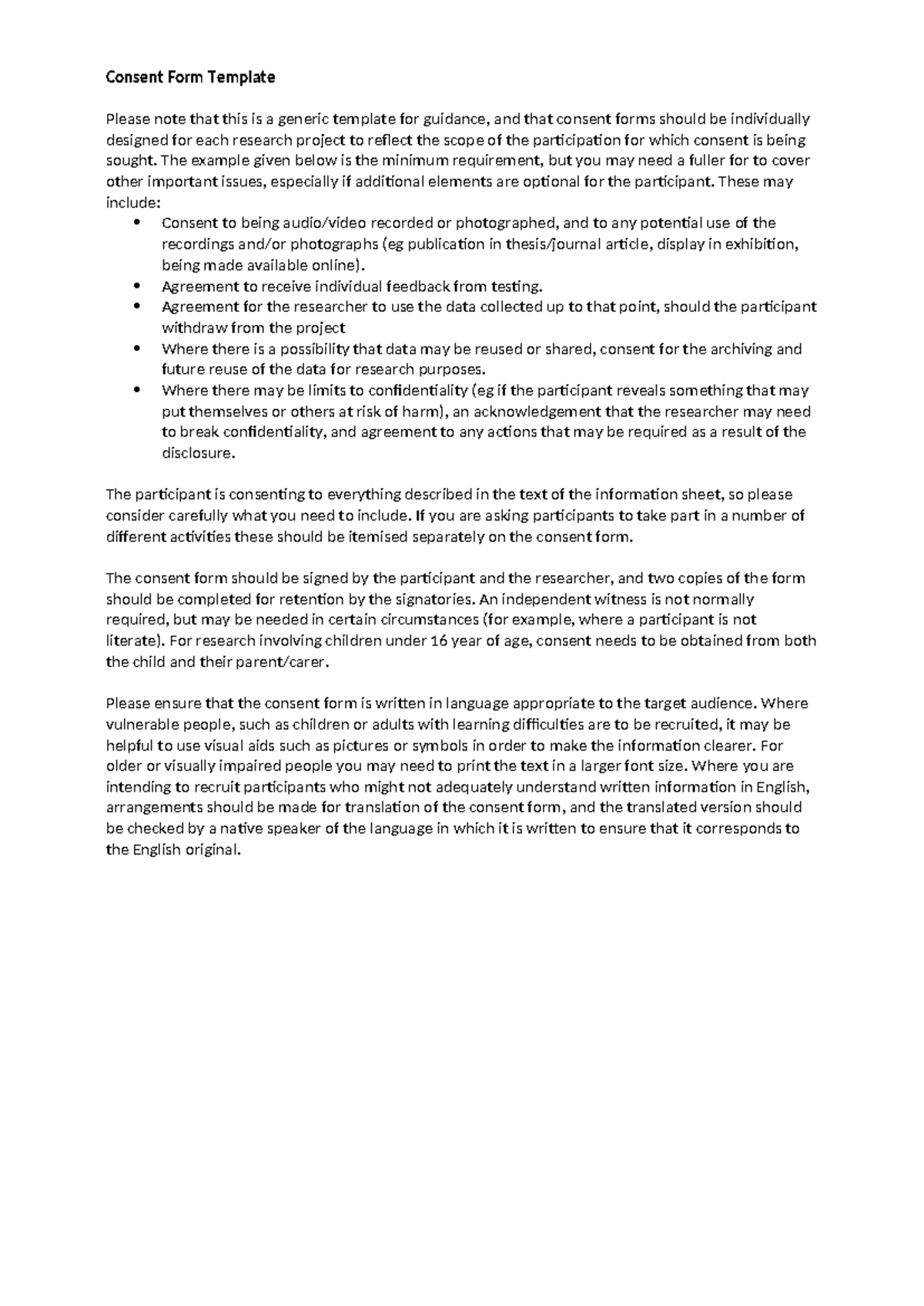 Consent Form Template and Guidance for Research Projects - Studocu
