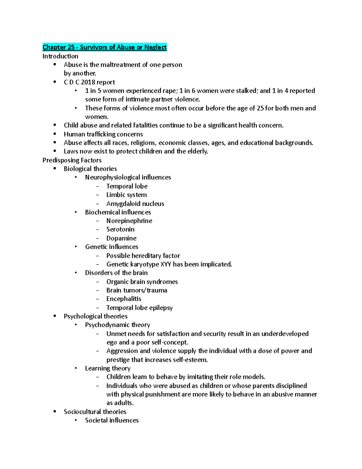 Ch 25 abuse - Notes - Chapter 25 - Survivors of Abuse or Neglect ...
