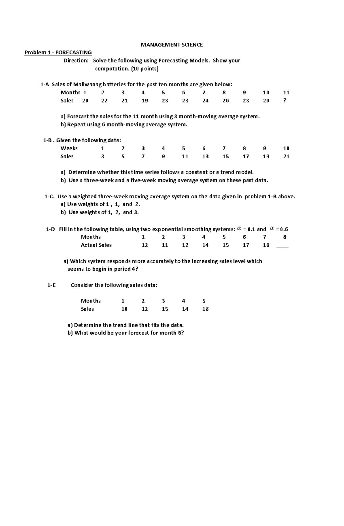 Enrichment Activvity (SF- Forecasting) - MANAGEMENT SCIENCE Problem 1 ...
