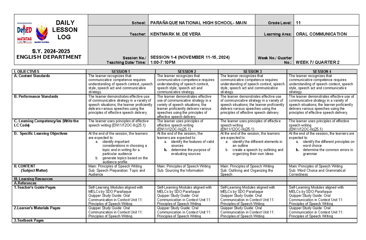Q2 DLL: Principles of Speech Writing - Week 7 Lesson Plan - Studocu
