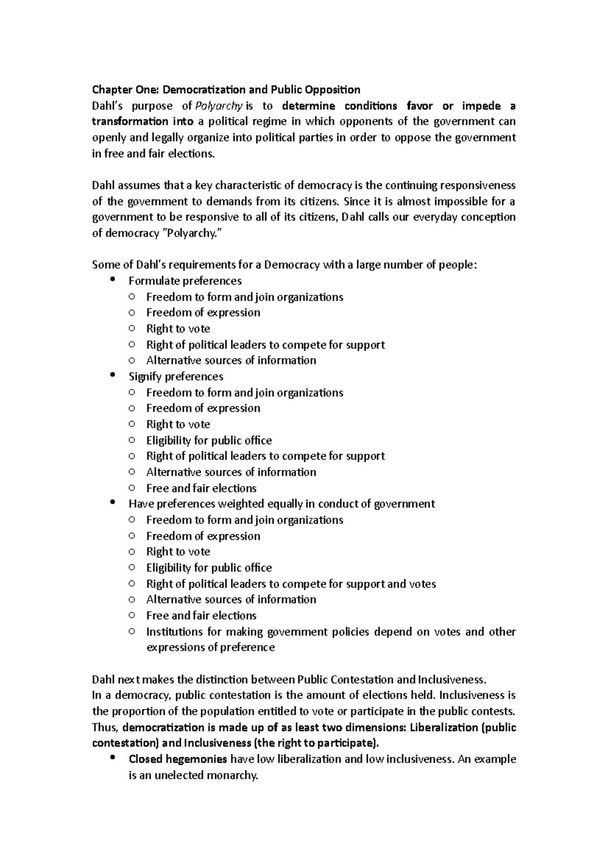 W7 polyarchy summary Dahl - Chapter One: Democratization and Public ...