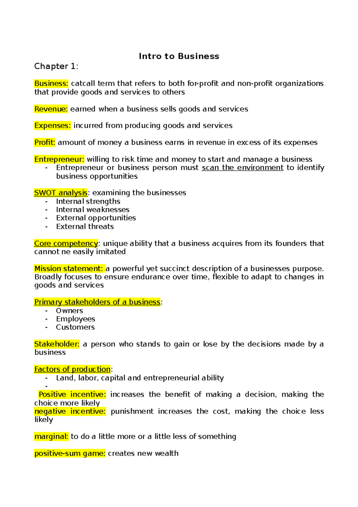 BUS101 - Intro to Business: Key Concepts from Chapter 1 - Studocu