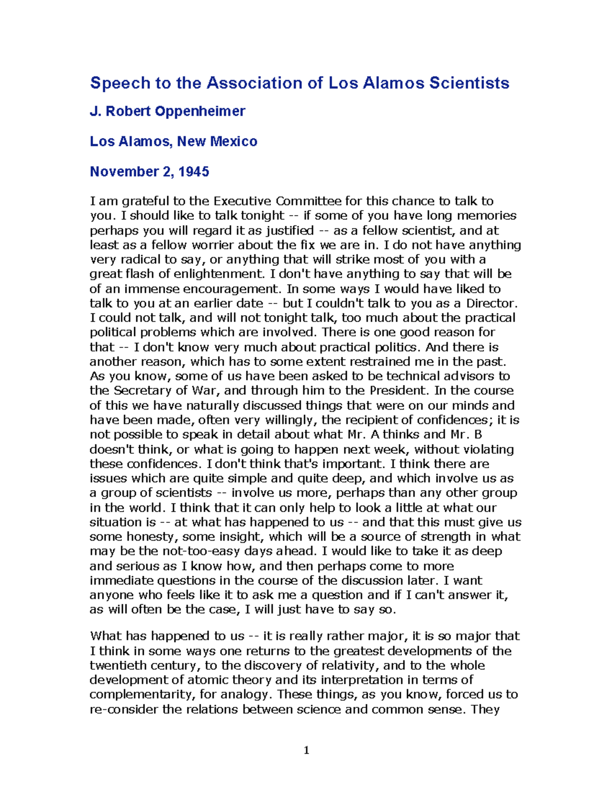 Oppenheimer 1945 - Lecture Notes on Scientific Responsibility and ...