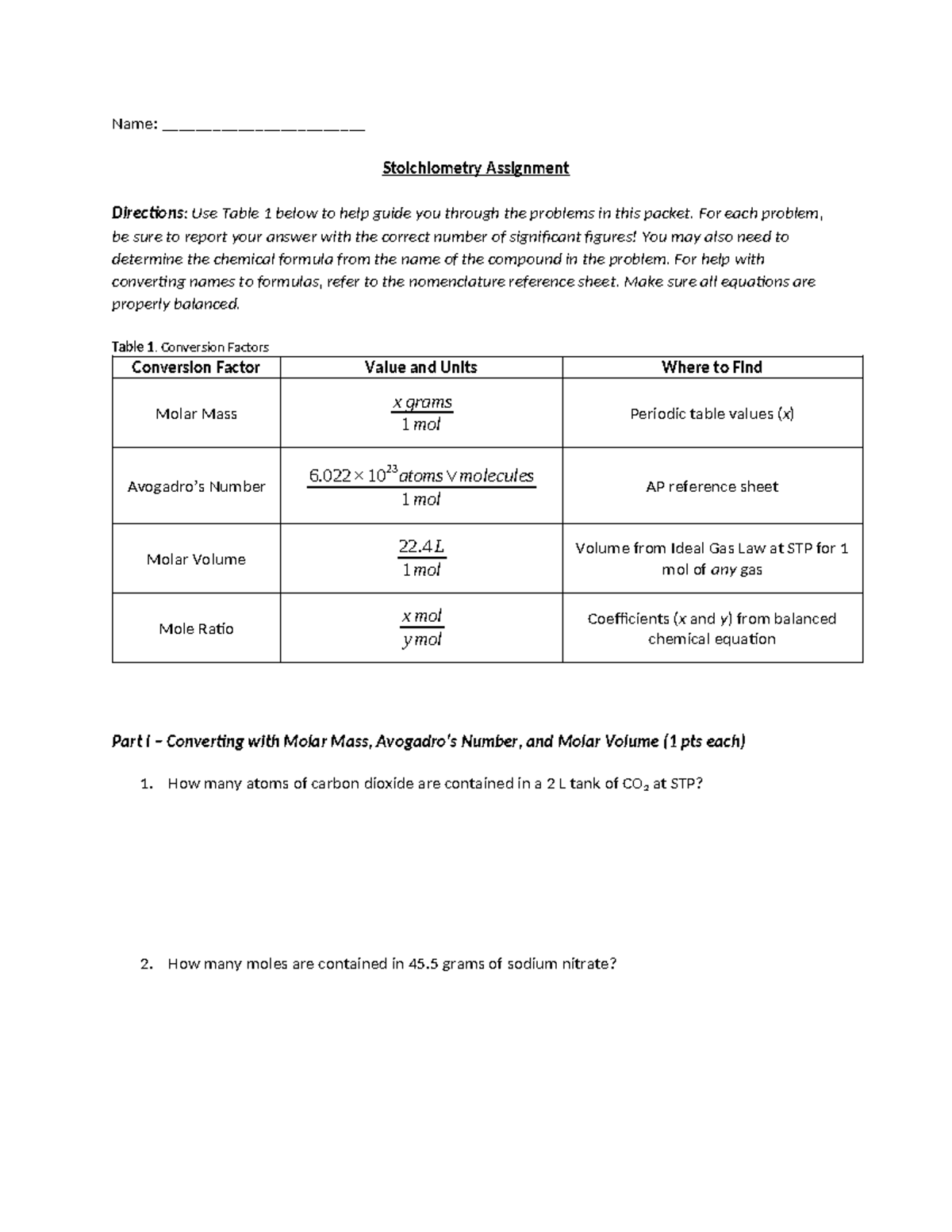 Stoichiometry Assignment (CHEM 101) - Problem Set & Directions - Studocu