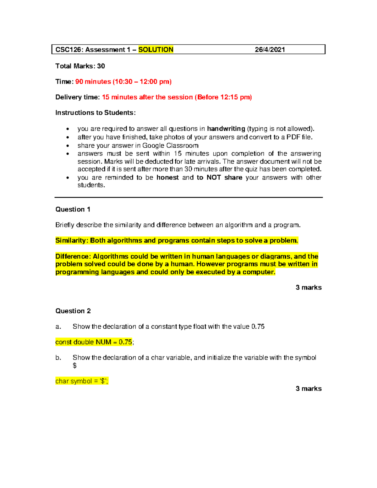 CSC126 Assessment 1-march 2021-solution - CSC 126 : Assessment 1 ...