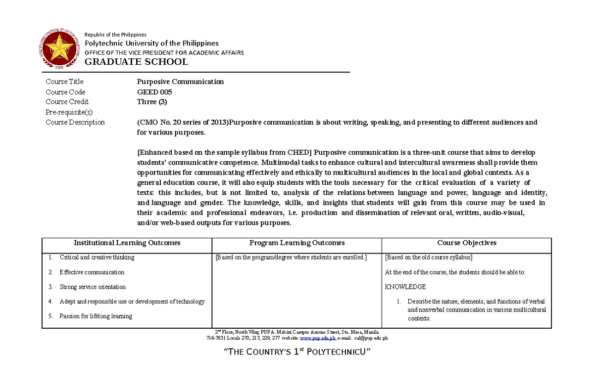 GEED 005 Purposive Communication Course Syllabus and Overview - Studocu