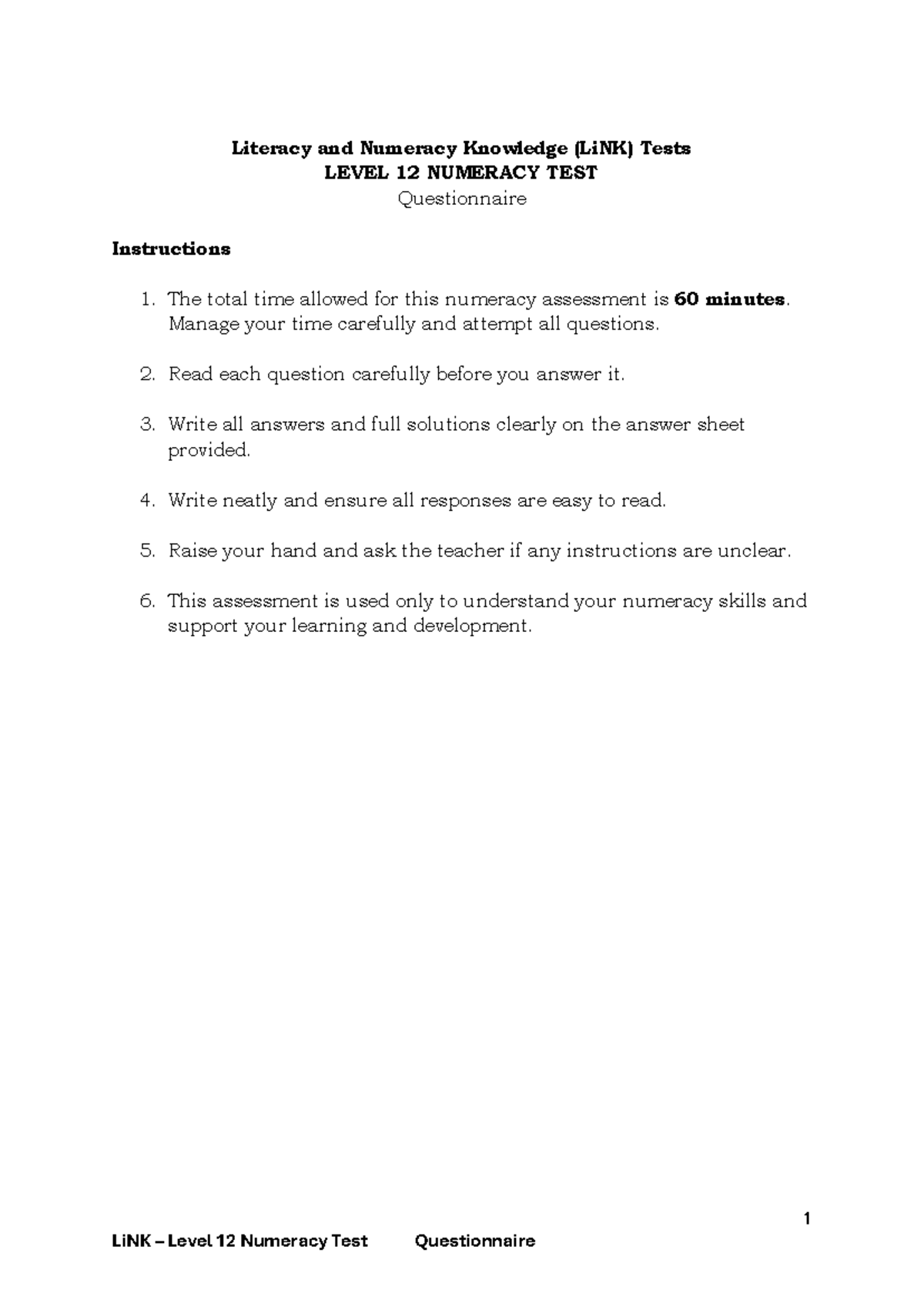 LiNK Level 12 Numeracy Test: Comprehensive Questionnaire Guide - Studocu