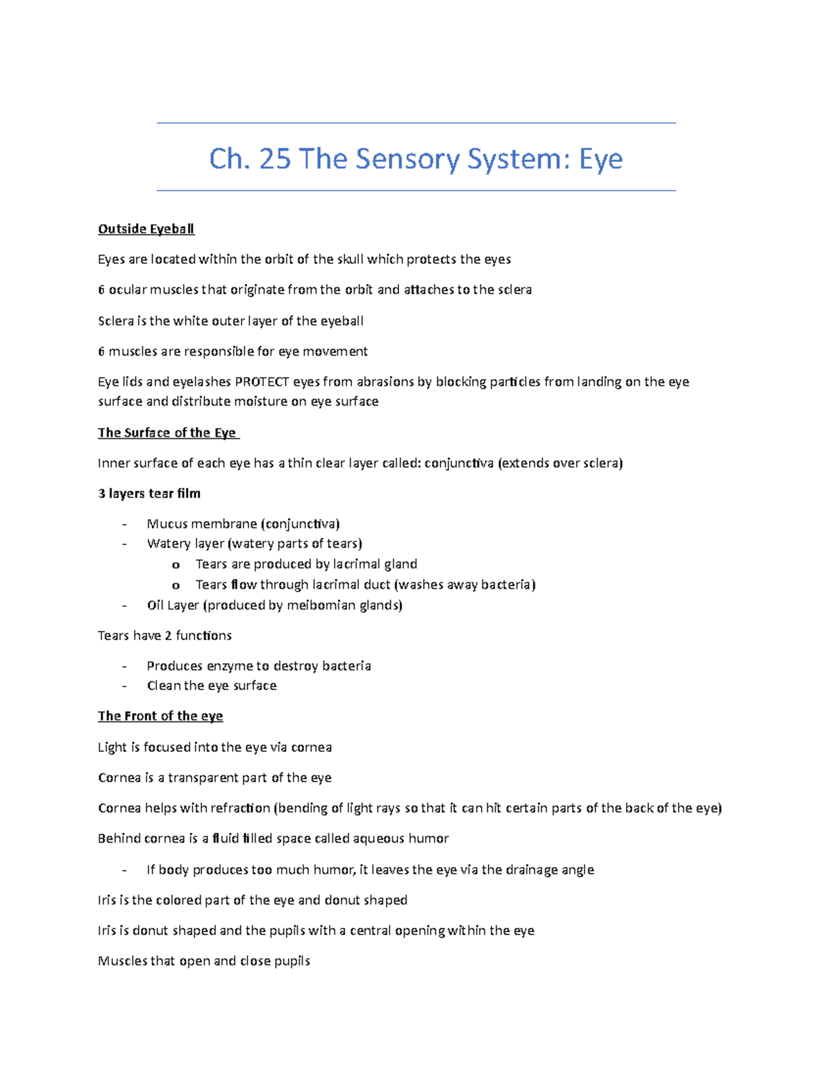 NUR 237 - Chapter 25: Eye Anatomy and Care Summary - Studocu
