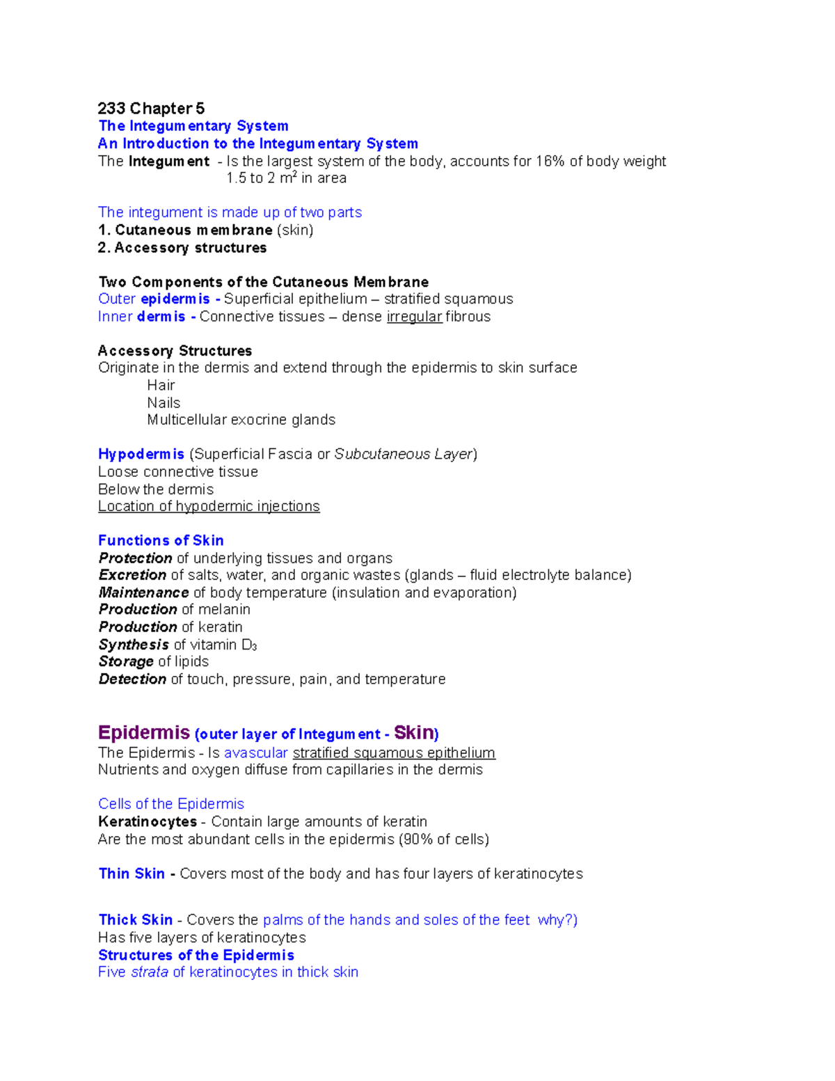233 Chapter 5: Overview of the Integumentary System Structure and Function - Studocu