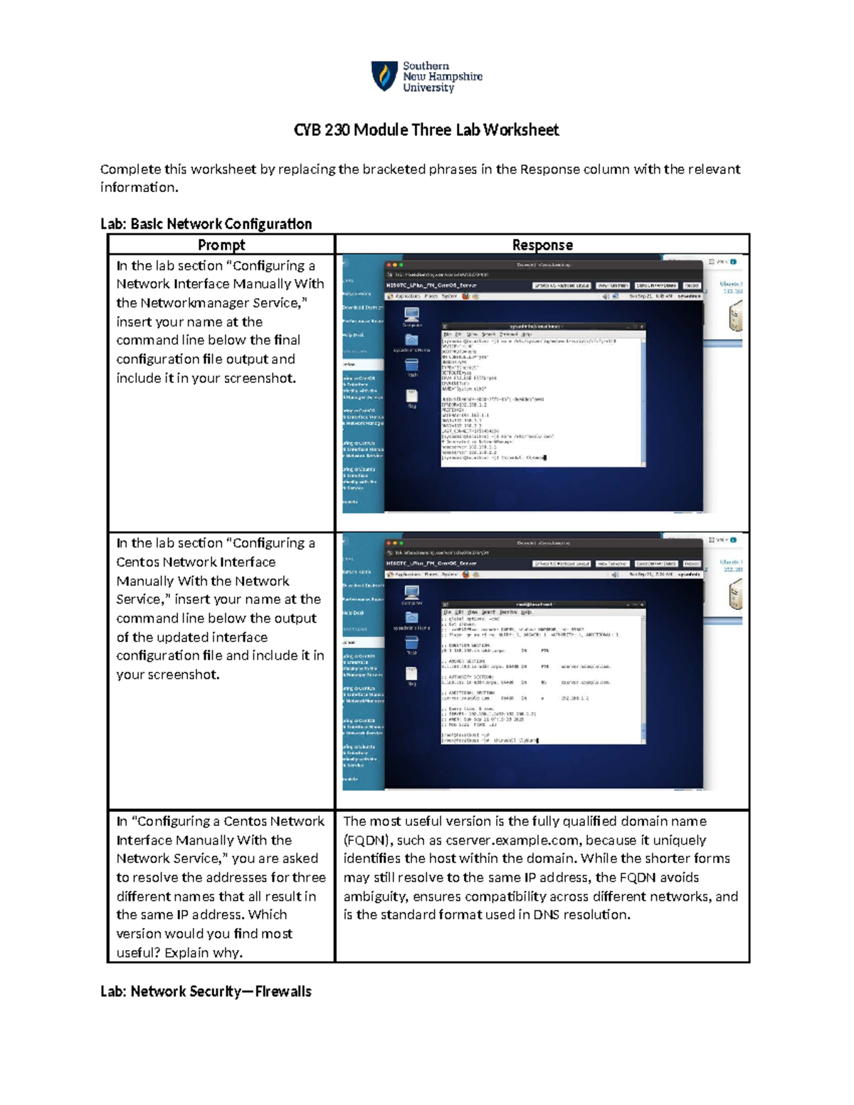 CYB 230 Module 3 Lab Worksheet: Network Config & Security Policies ...