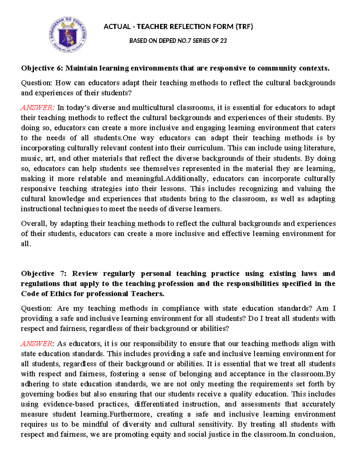 TRF Objectives 6-10 Reflection: Enhancing Inclusive Teaching Practices ...