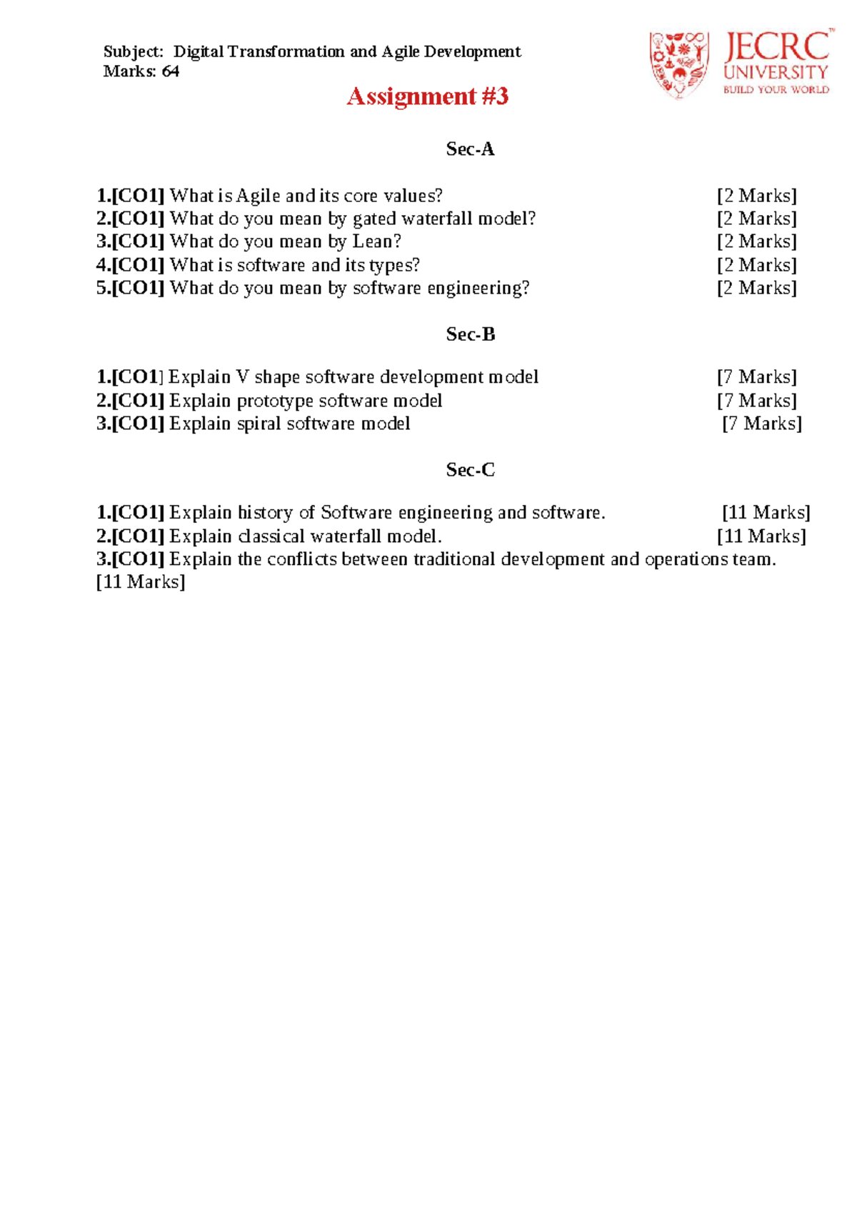 Assignment 3 D - Btech CSE Computer Science (DAM001AC) - Subject ...