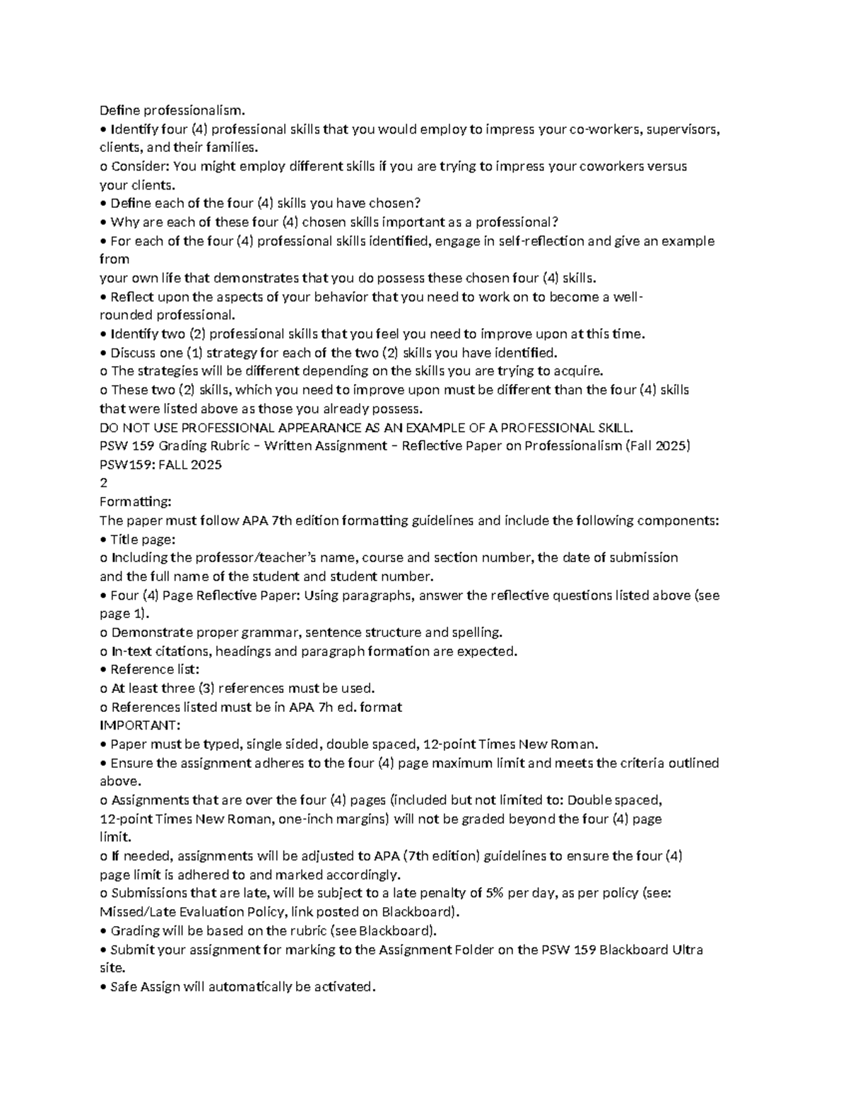 Reflective Paper on Professionalism and Skills Development - PSW 159 ...