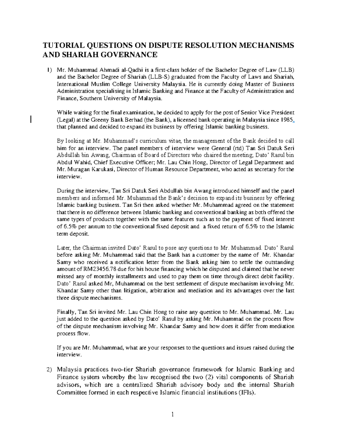 Tutorial Questions on Dispute Resolution Mechanisms & Shariah ...