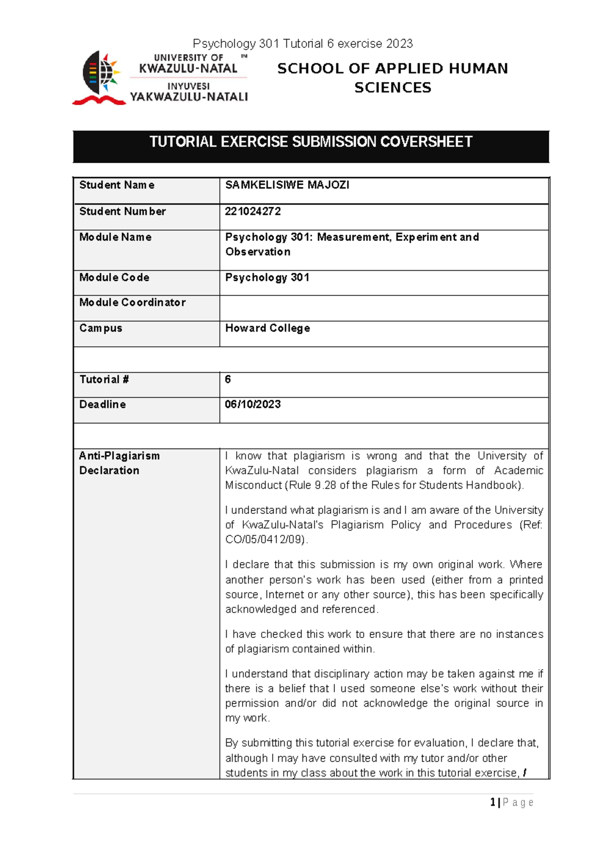 Samkelisiwe Majozi Pych tut 6 - SCHOOL OF APPLIED HUMAN SCIENCES TUTORIAL EXERCISE SUBMISSION ...