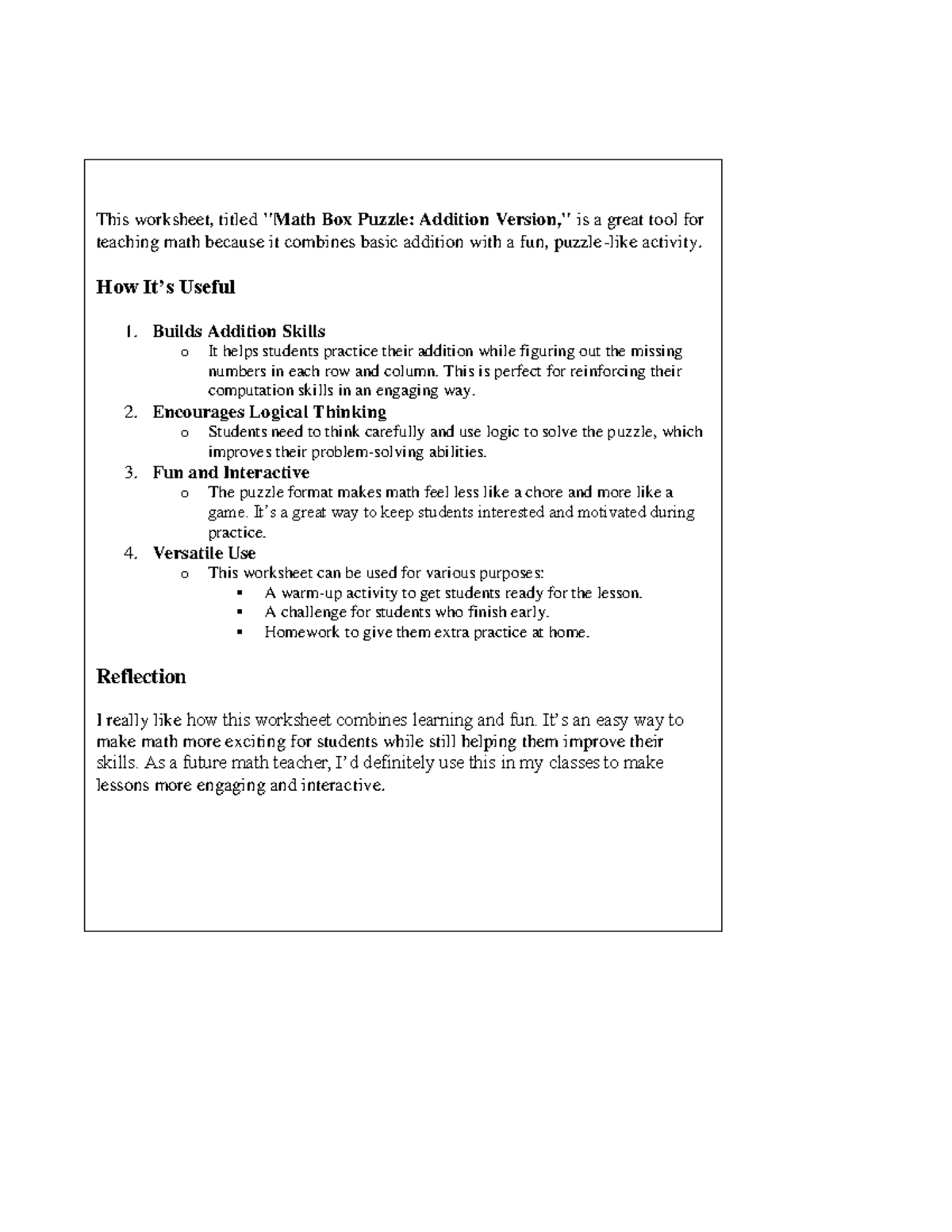 Episode 11 - Learning Artifacts - This worksheet, titled "Math Box ...