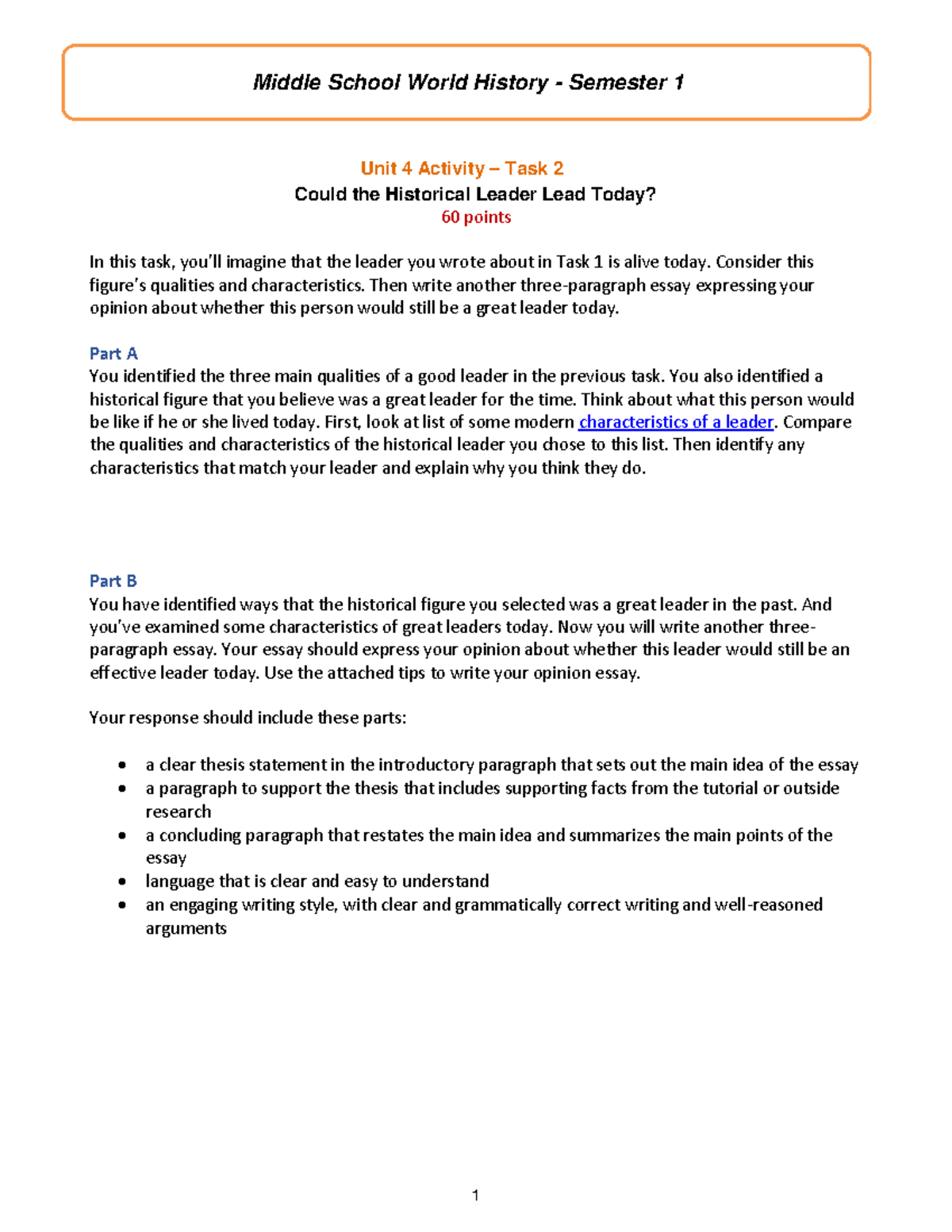 Middle School World History (Unit 4) Activity Task 2: Leadership Today ...