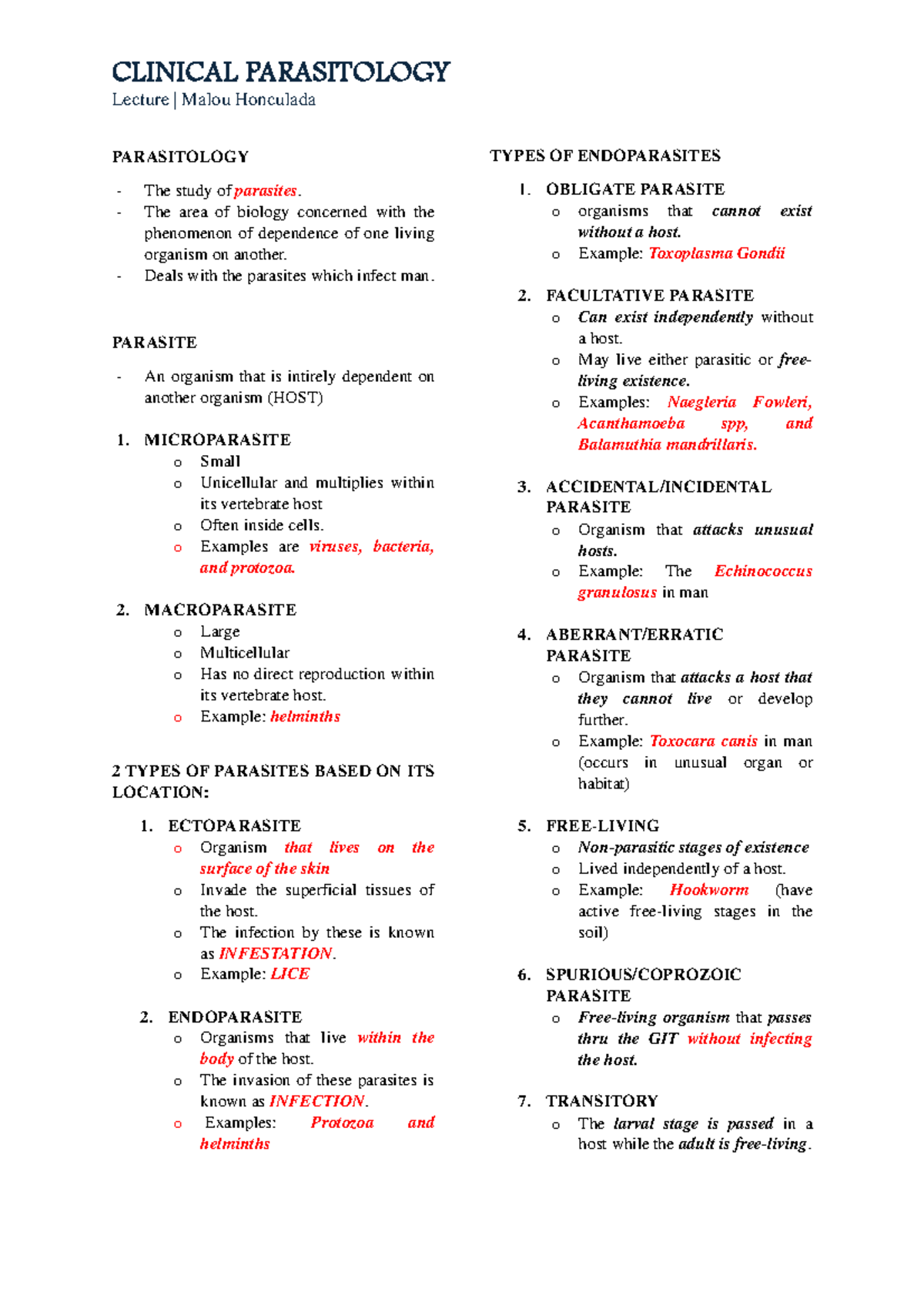 Parasitology (BIO 101) Lecture Notes by Malou Honculada - Studocu