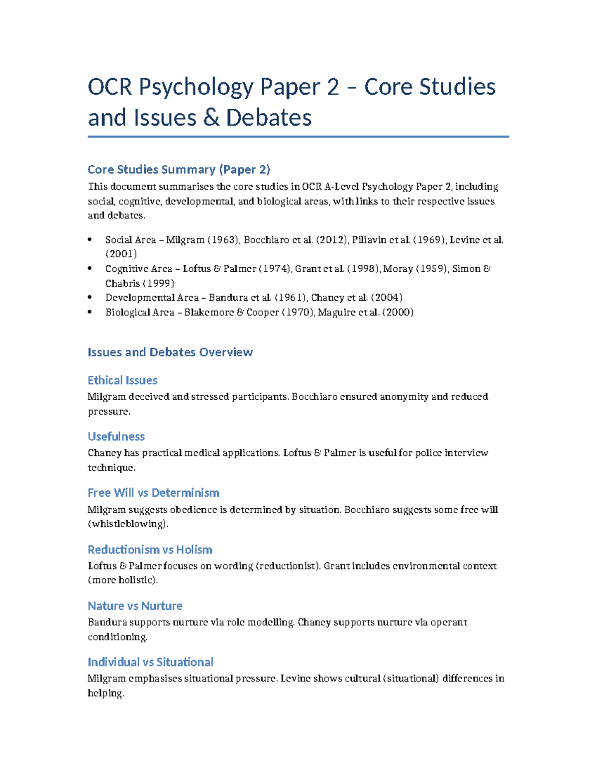 OCR Psychology Paper 2 Core Studies & Issues Summary - Studocu