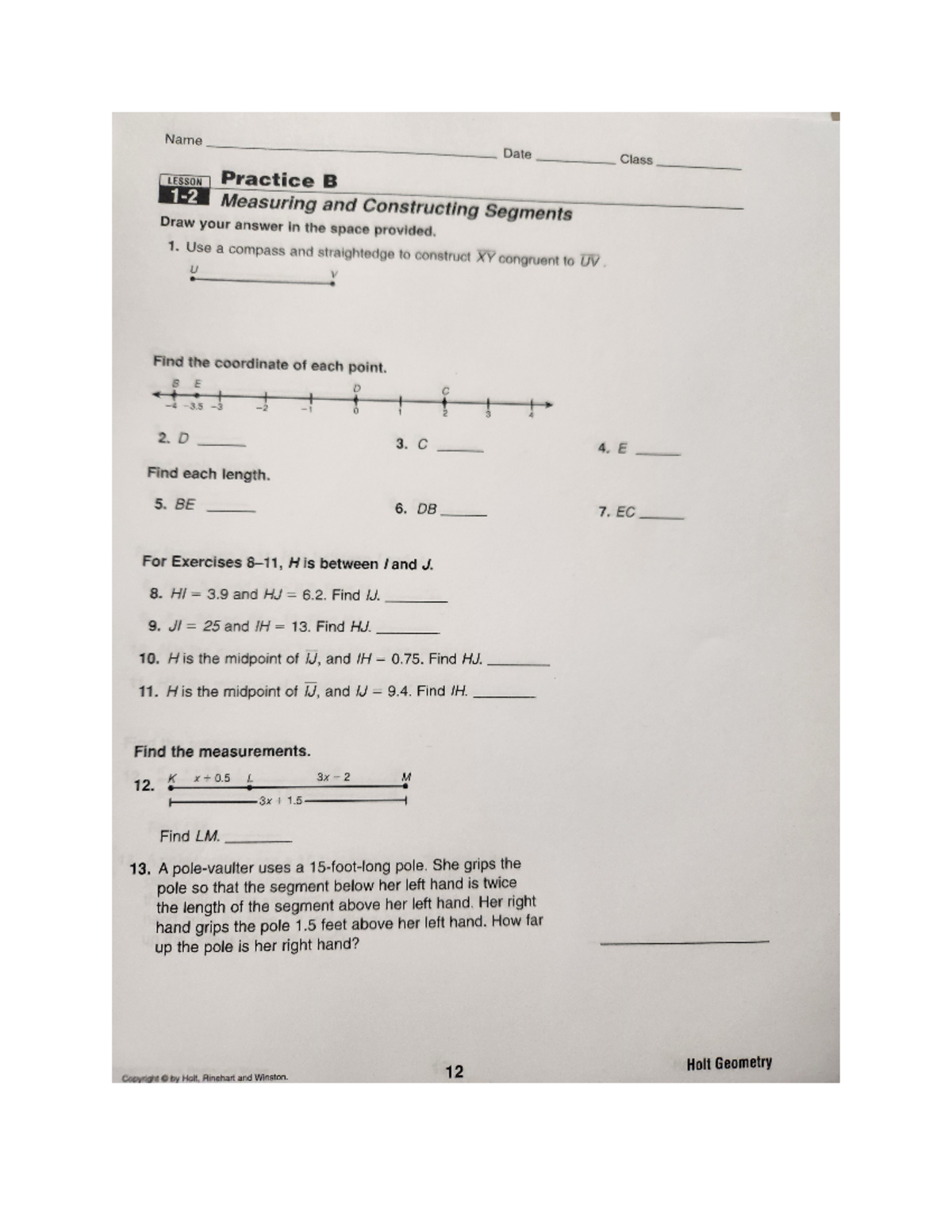 Geometry 1324 - Homework 3: Measuring and Constructing Segments - Studocu