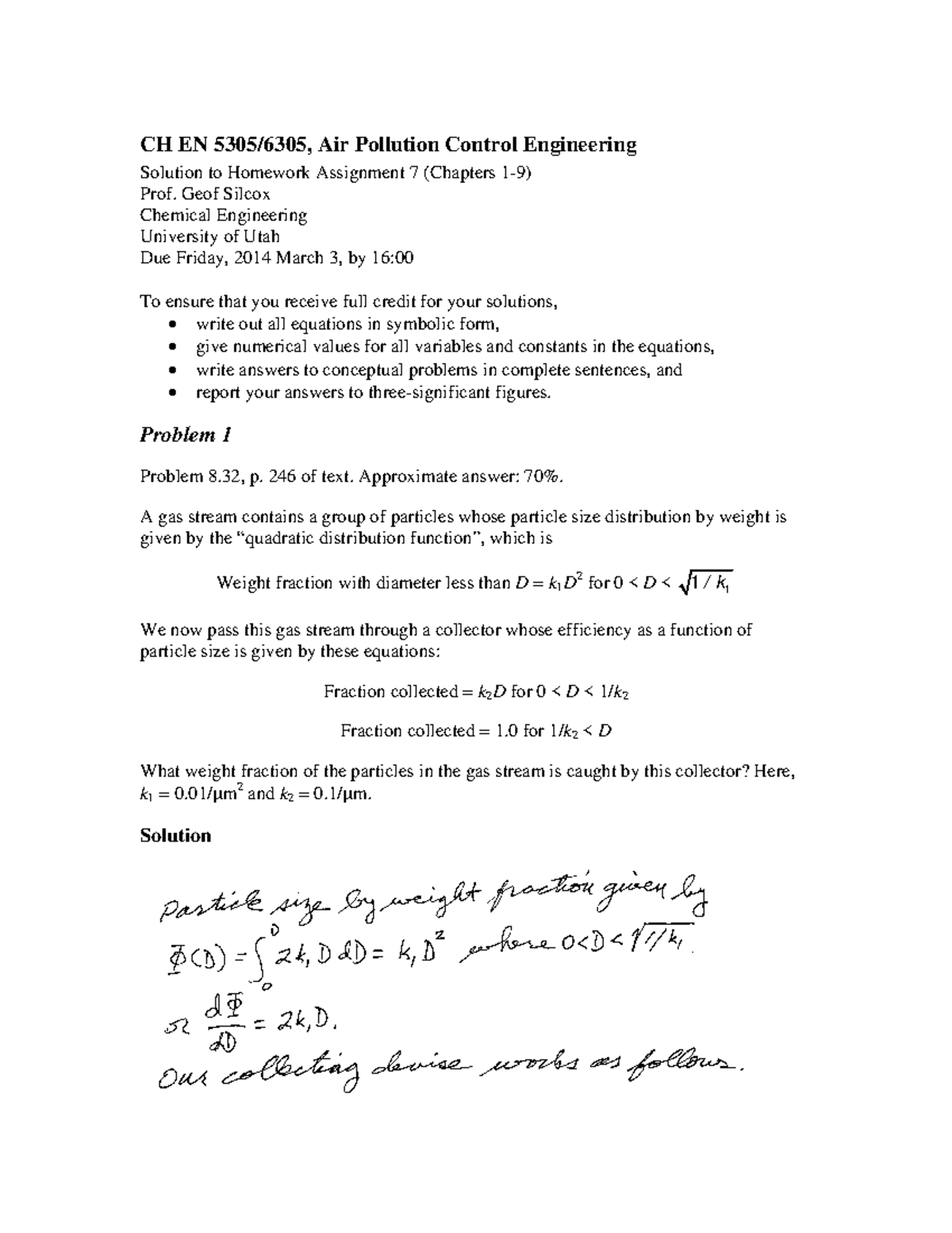 Homework 7 Solution on Air Pollution Control Engineering - CH EN 5305/ ...