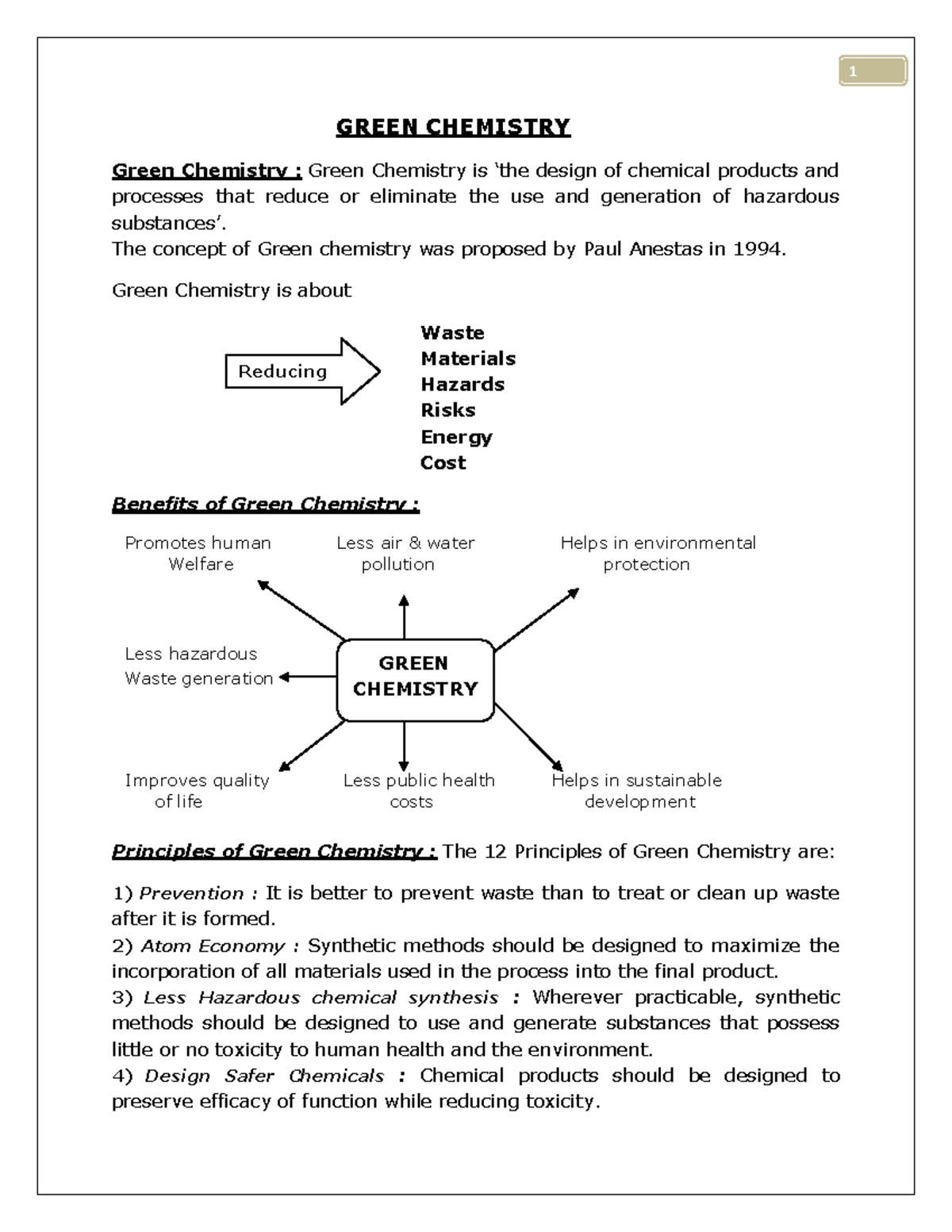 Unit-4 Green Chemistry: Principles, Benefits, and Applications - Studocu