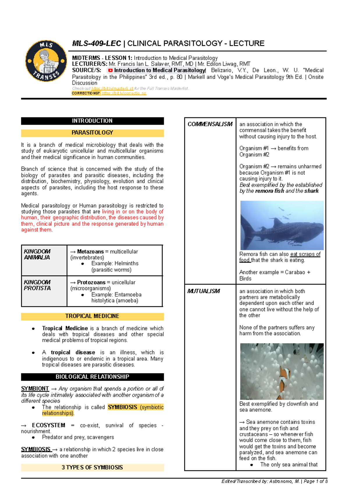 CLINICAL PARASITOLOGY LECTURE MIDTERM NOTES: Introduction to Medical ...