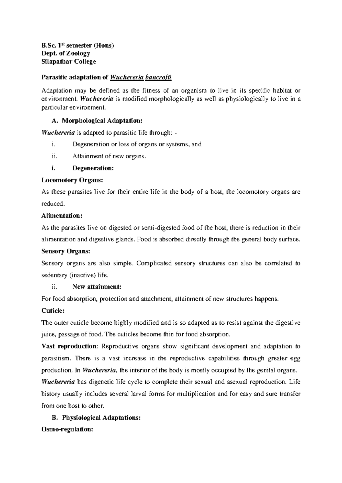 Parasite adaptation w. - B. 1 st semester (Hons) Dept. of Zoology ...