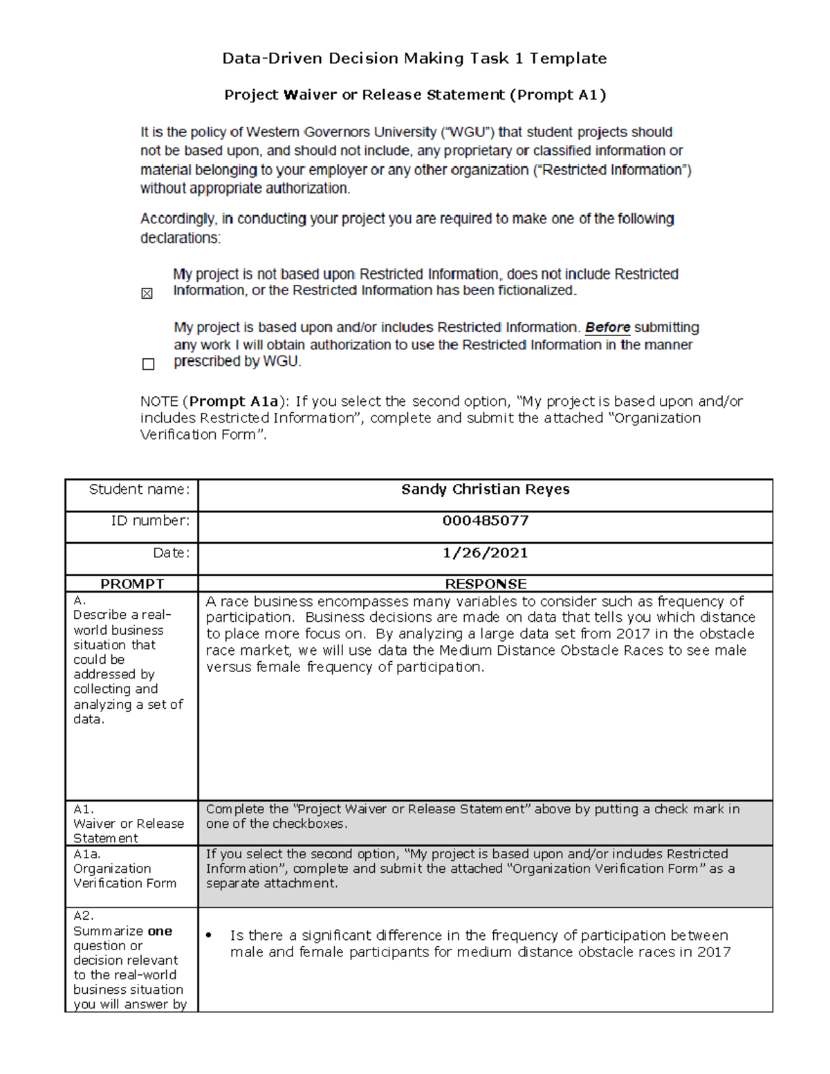 Task 1 Data Driven Decision Making Data Driven Decision Making Task 1 Template Project Waiver