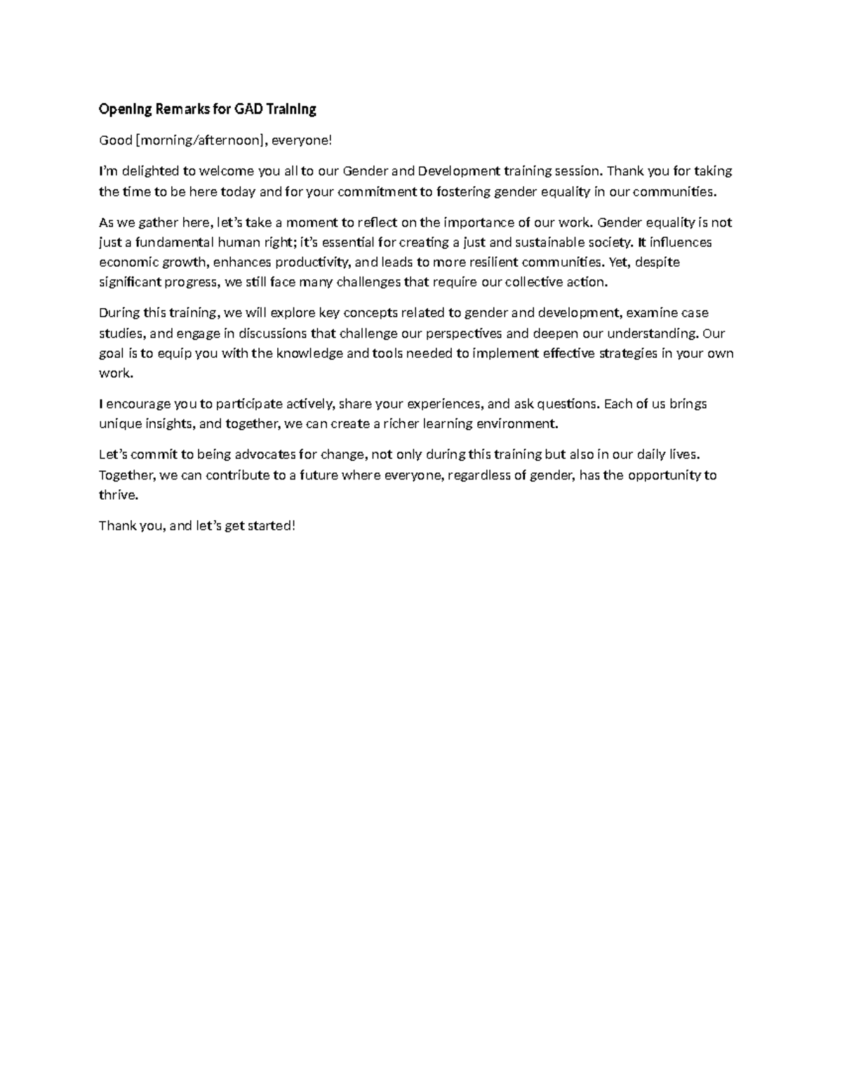 Opening Remarks for Gender & Development Training Session - Studocu