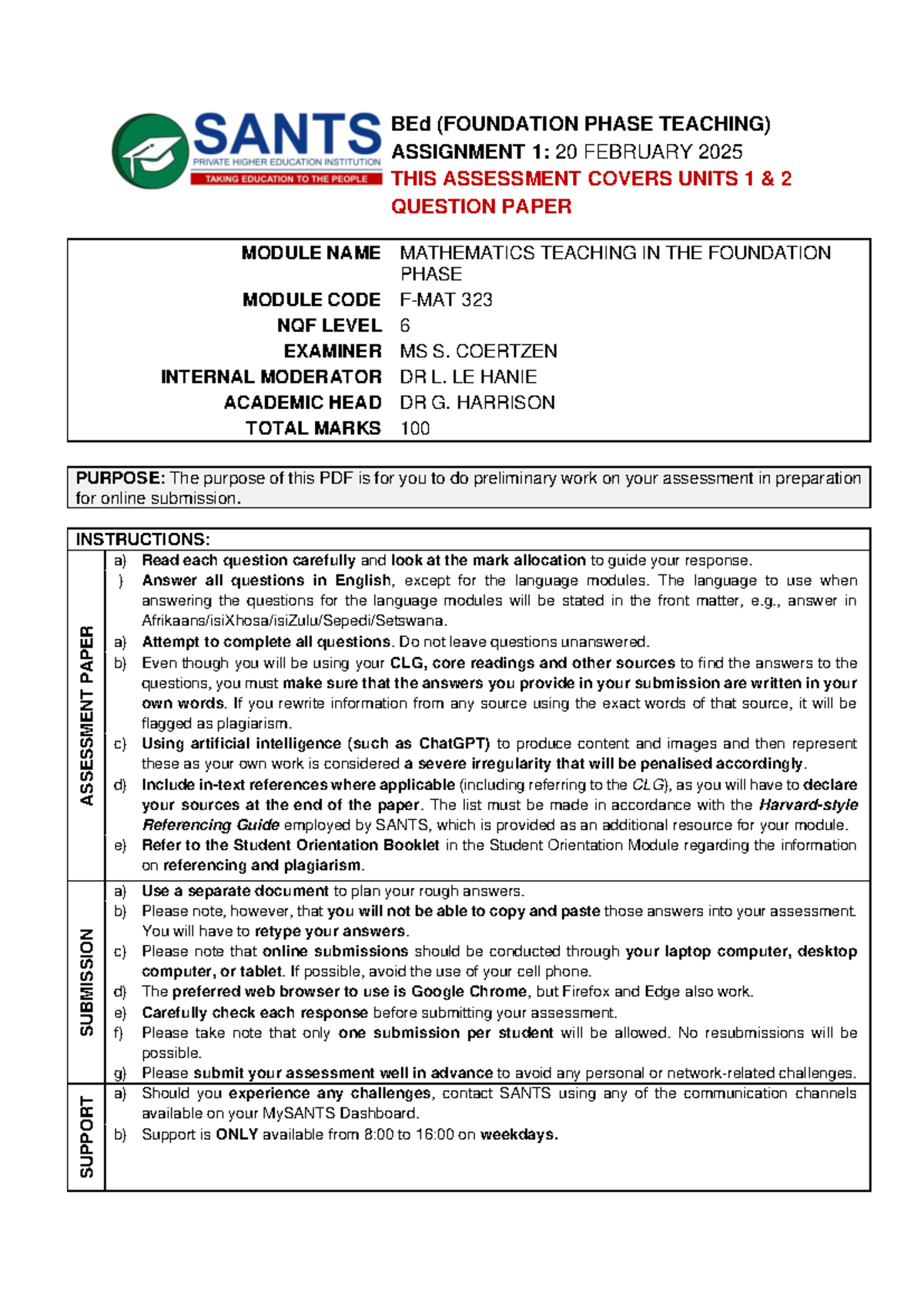 Mathematics Teaching in the Foundation Phase - Assignment 1 (F-MAT 323 ...