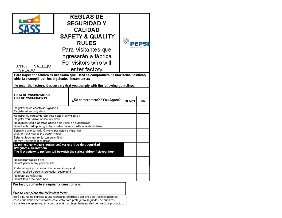 SITIO: Reglas de Seguridad y Calidad para Visitantes en Fábrica - Studocu