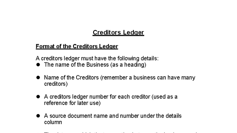 Creditors Ledger Format & Instructions for ACCT 101 - Studocu