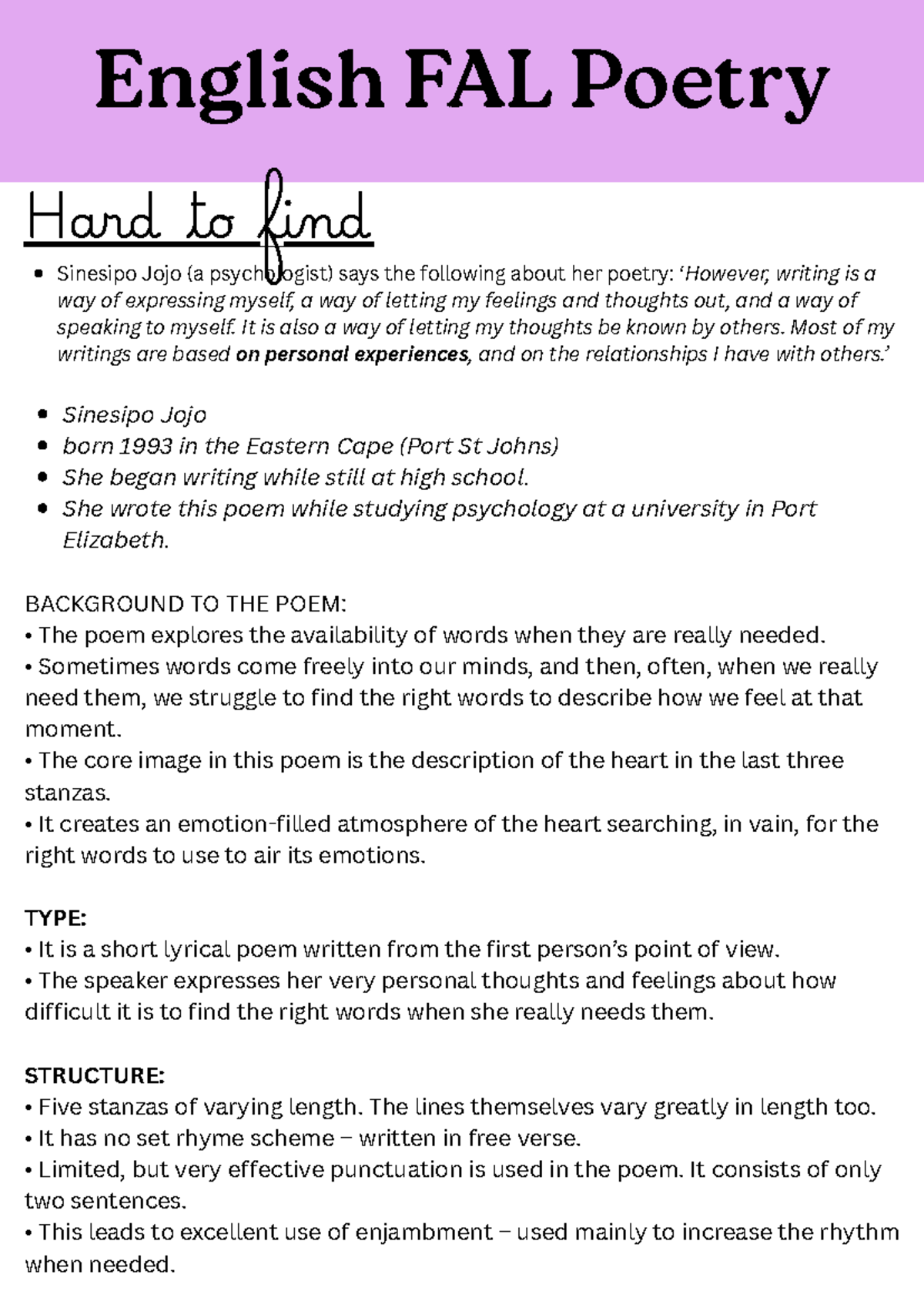 English FAL Poetry Analysis: Exploring Emotion and Expression - Studocu