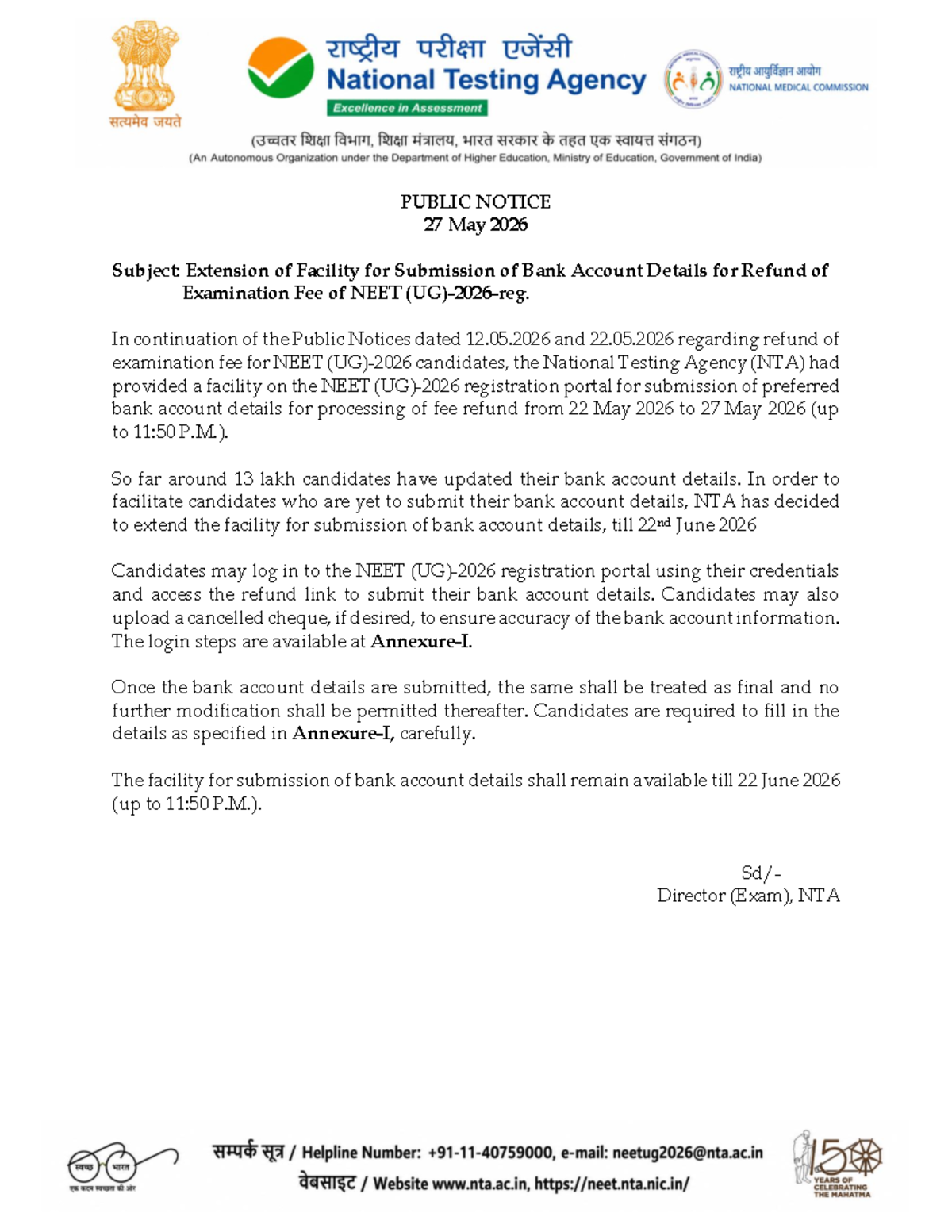 NEET UG Notice: Extension for Bank Account Details Submission - Studocu