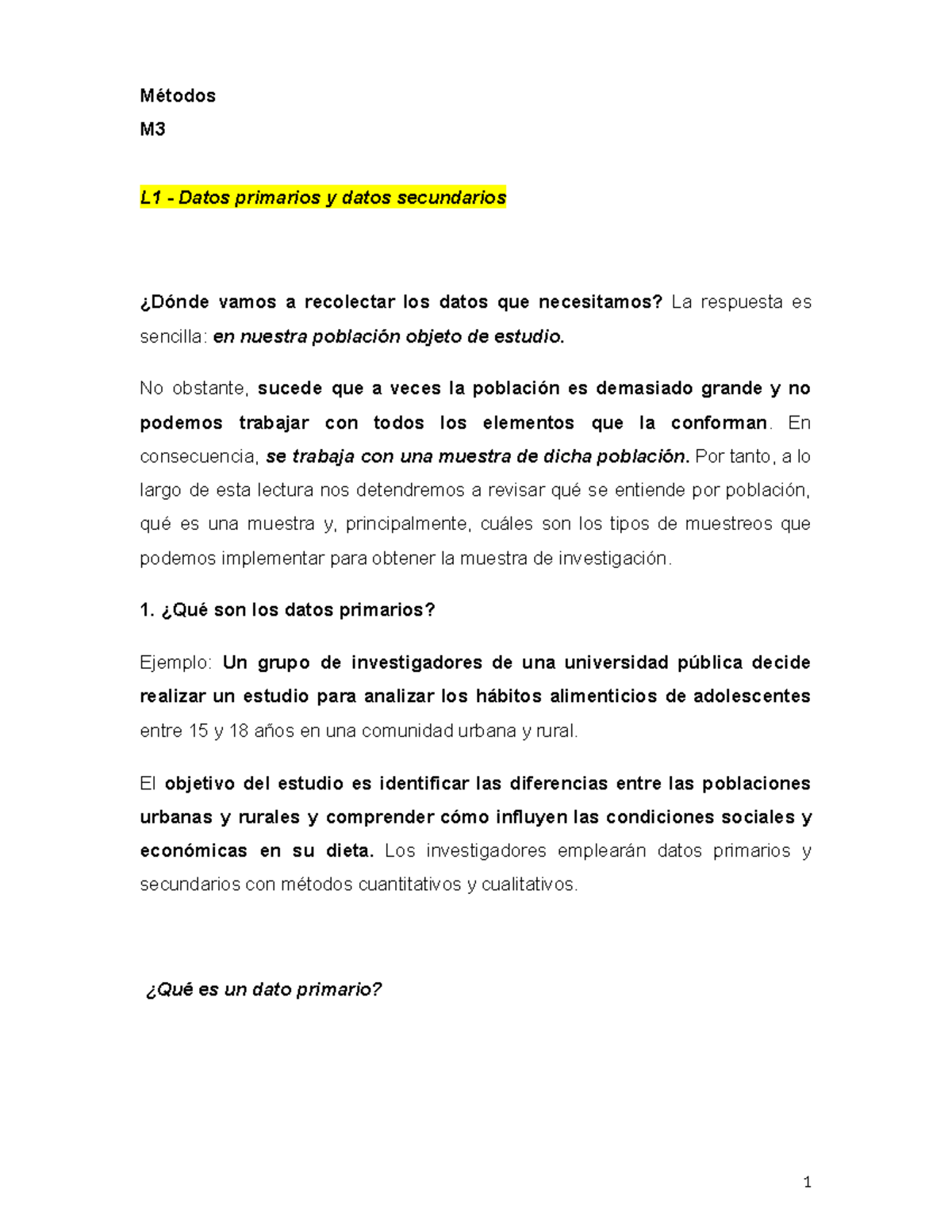 Métodos M3 L1: Resumen sobre Datos Primarios y Secundarios - Studocu
