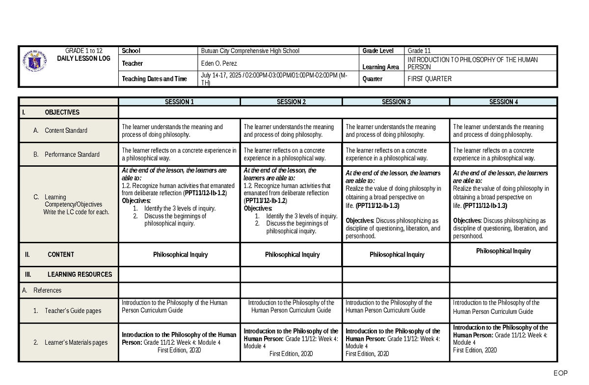 Grade 11 Daily Lesson Log: Intro to Philosophy (Q1, July 2025) - Studocu