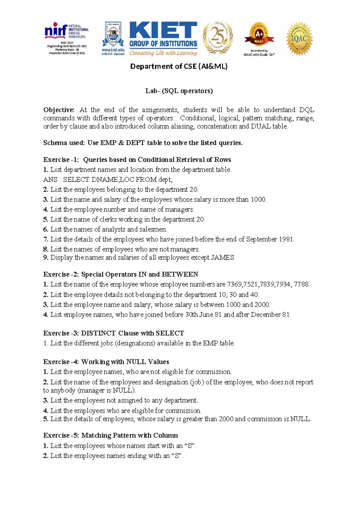 CSE 101 Lab Practice Sheet: SQL Operators & Queries - Studocu