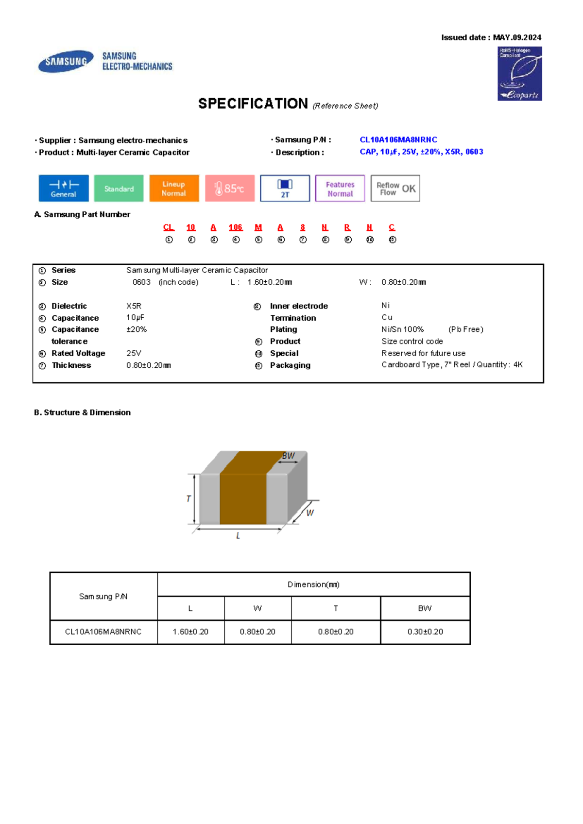Capacitor Specification Reference Sheet - CL10A106MA8NRNC - Studocu