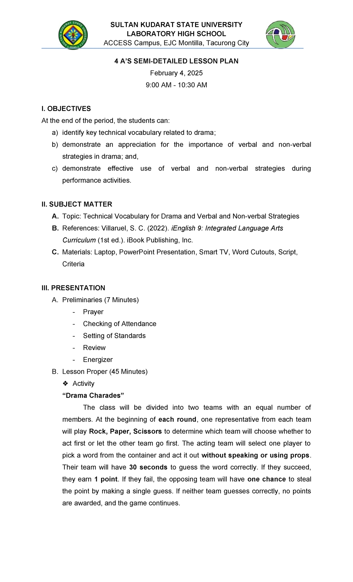 G9 LP Intern(1st) - LESSON PLAN - SULTAN KUDARAT STATE UNIVERSITY LABORATORY HIGH SCHOOL ACCESS ...