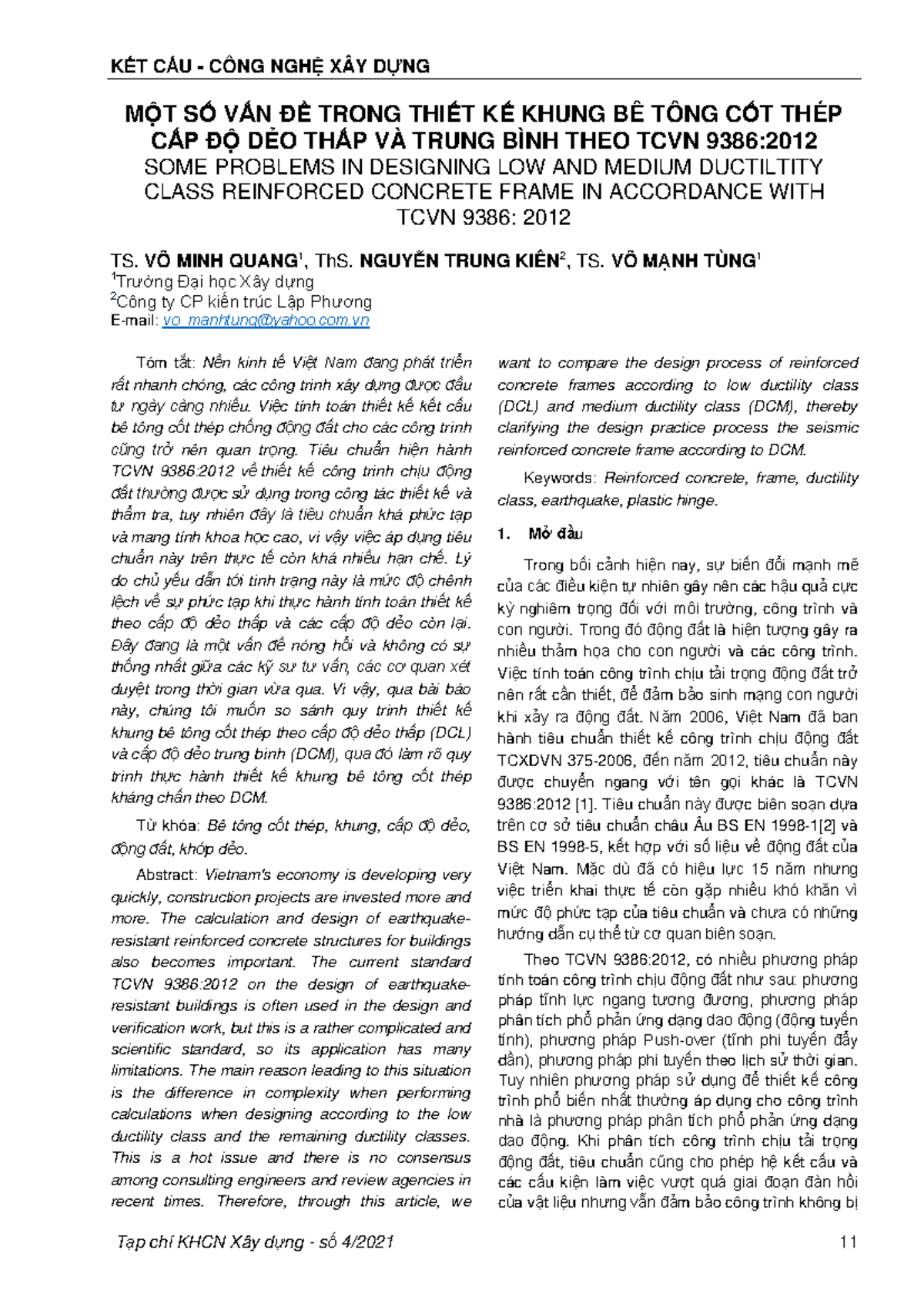 Một số vấn đề trong thiết kế khung BTCT cấp độ dẻo thấp và trung bình ...