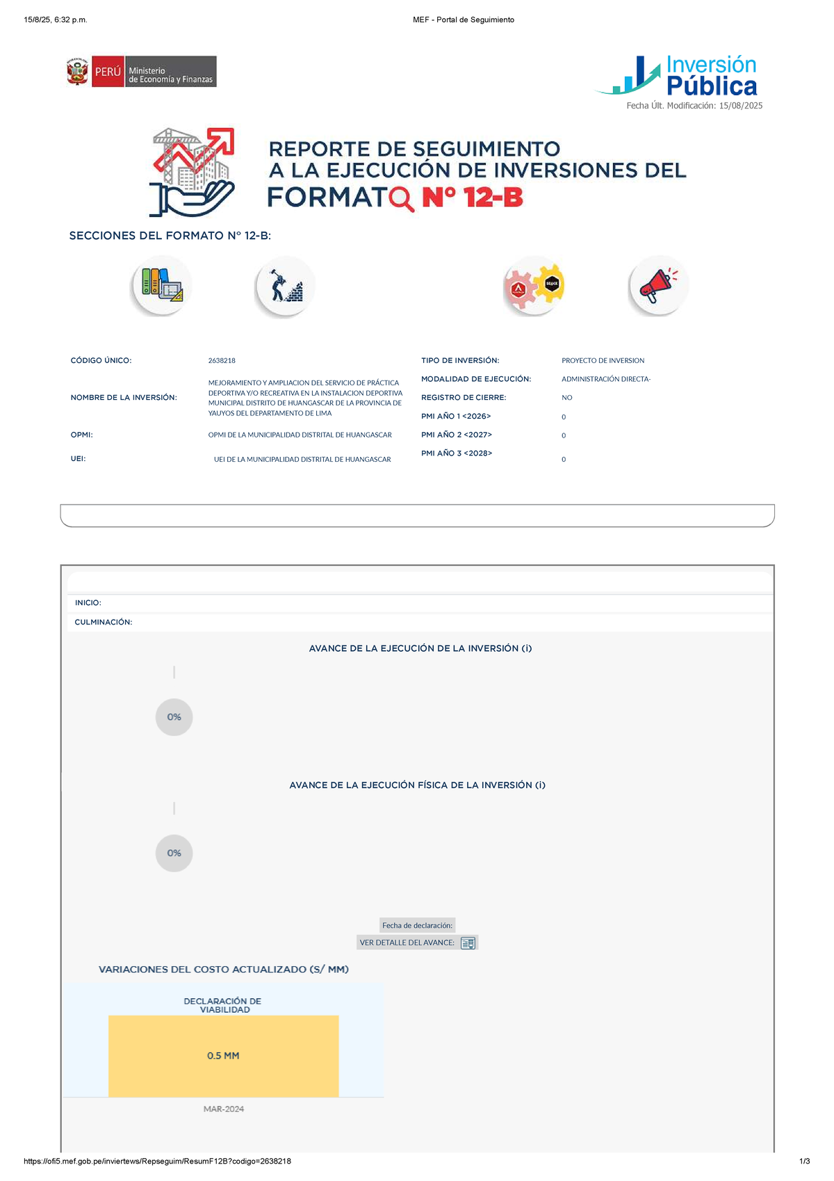 Informe de Seguimiento de Inversión - PMI Año 3 - F12 Huangascar - Studocu